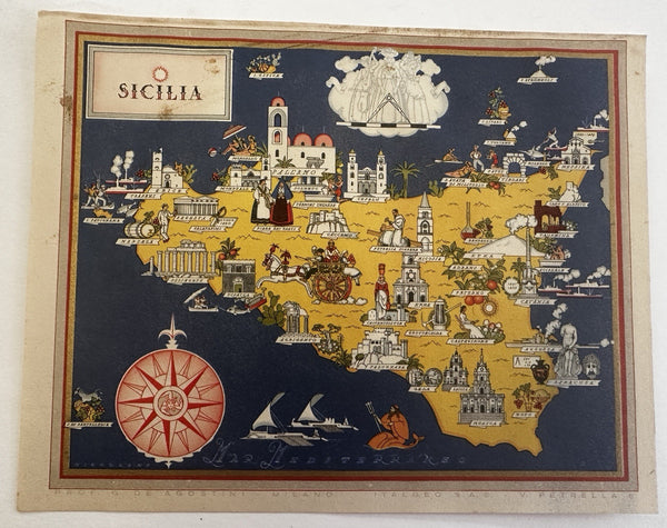 Sicily Sicilia Italia Italy 1941 charming color cartoon map Nicouline ...