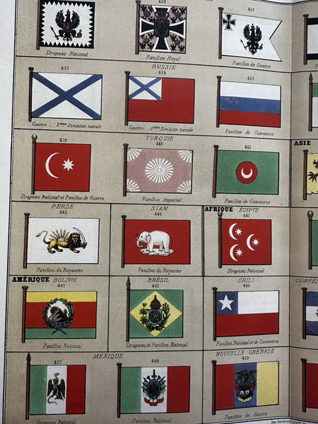Flags of Nations World & Europe 1865 Lemercier lot 2 color lithographe ...
