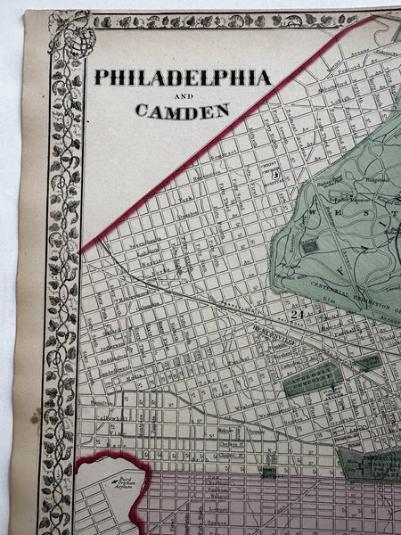 Philadelphia city plan 1874 Mitchell large decorative hand colored nic ...