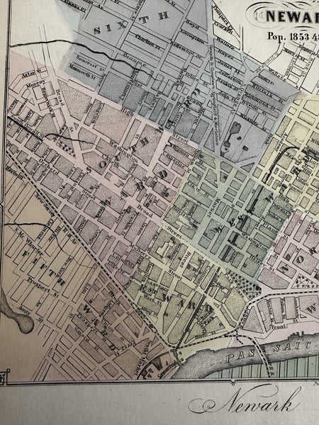 Newark New Jersey city plan w/ population 1853 Magnus hand color lette ...