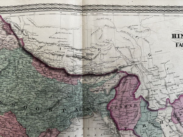 India Hindoostan Siam SE Asia Burma Anam 1870 Johnson large hand color ...