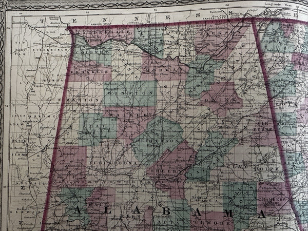 Georgia & Alabama very detailed counties 1870 Johnson large hand color ...