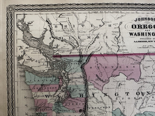 Oregon & Washington early state maps 1870 Johnson large hand colored f ...