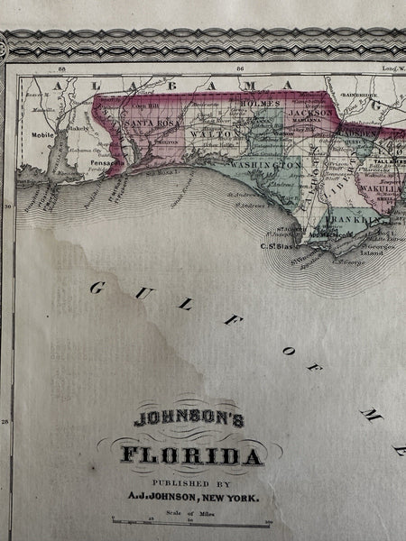 Florida great early state map 1870 Johnson large hand colored map w/Ke ...