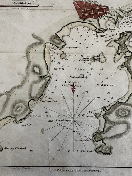Cape Ann Harbor Massachusetts Gloucester 1833 Hooker map coastal chart ...