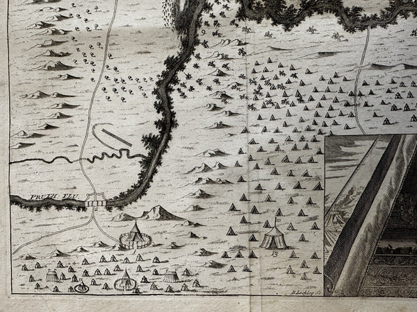 Turkey Pruth river vignette view 1727 rare military map de la Motraye ...