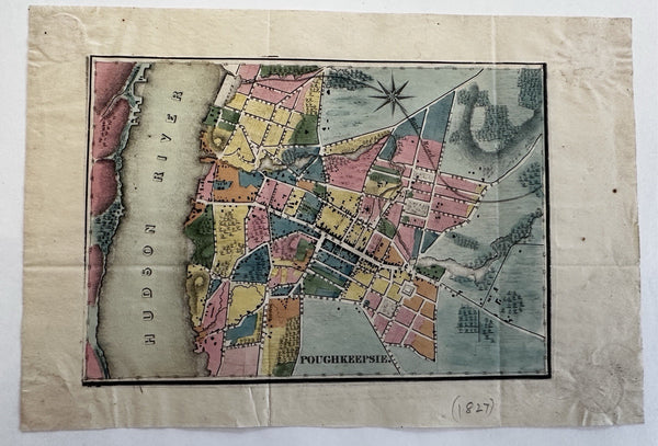 Poughkeepsie NY on Hudson river 1827 rare city plan map w/ original ha ...
