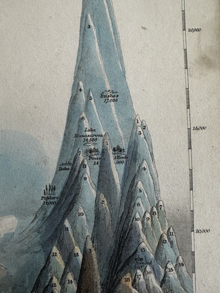 World Mountain heights comparison chart c.1850 Reynolds hand colored r ...
