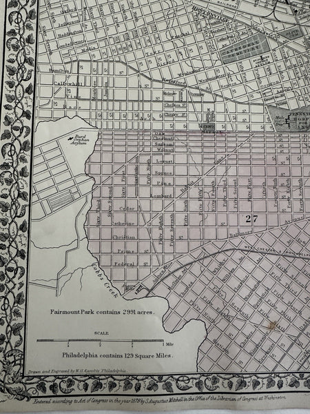 Philadelphia detailed city plan 1880 Mitchell large decorative hand co ...