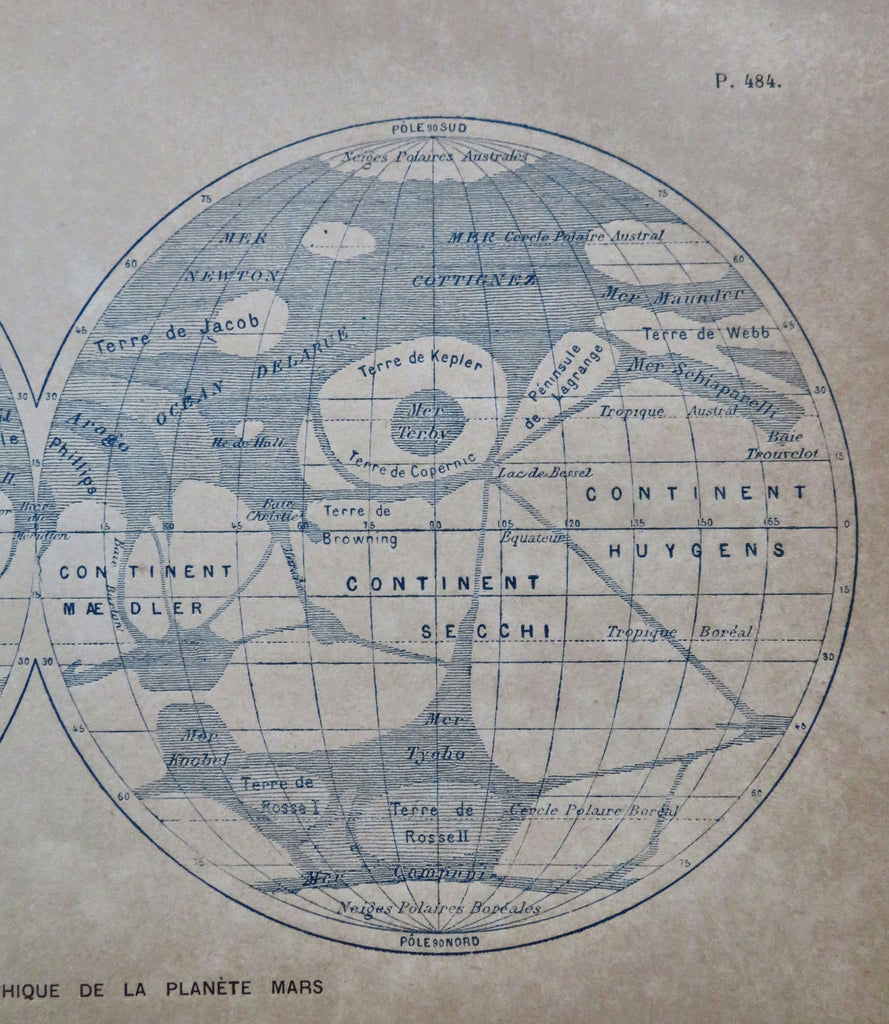 Mars Surface Map double hemispheres c. 1890's lithographed map – Brian ...
