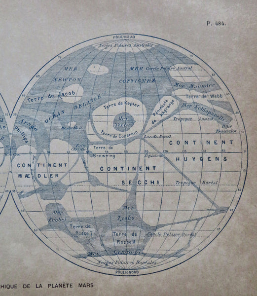 Mars Surface Map double hemispheres c. 1890's lithographed map – Brian ...