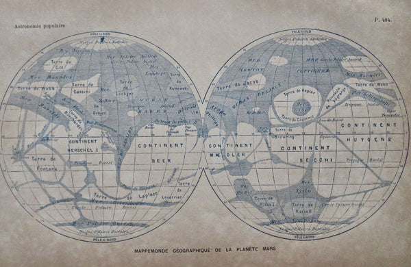 Mars Surface Map double hemispheres c. 1890's lithographed map – Brian ...