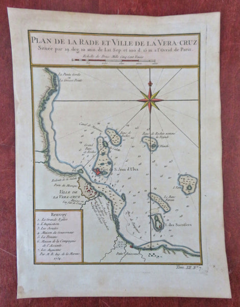 Vera Cruz Mexico Fort St. Jean d'Ulva Harbor Depths 1754 Bellin hand c ...