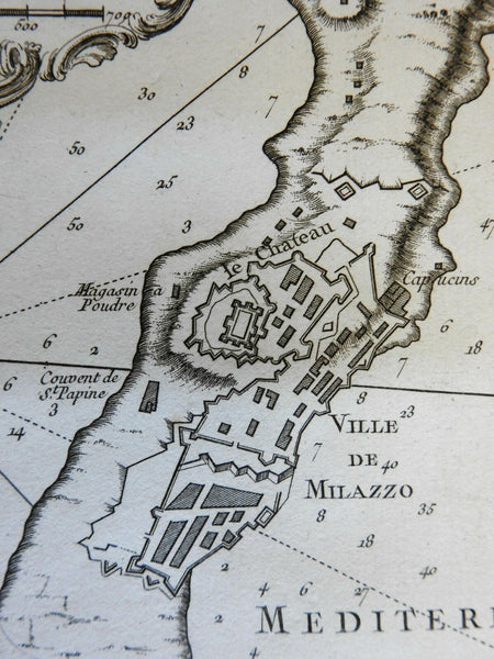 Milazzo Sicily Sicilia detailed city plan military forts 1760 Bellin m ...