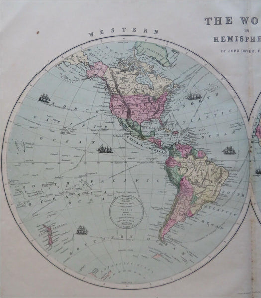World Map in Double Hemispheres Sailing Ships 1873 Dower large map ...