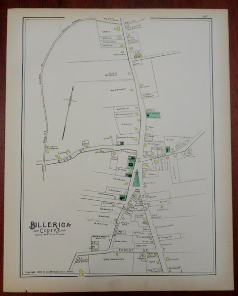 Billerica Centre Middlesex Mass. 1889 Walker detailed city plan map ...