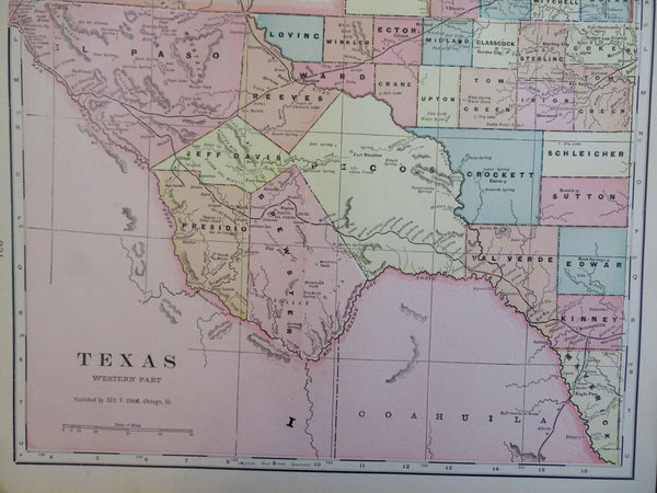 Texas State Map 1888 Cram large 2 sheet detailed color near wall size ...