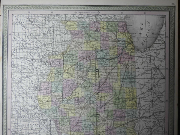 Illinois state 1850 thomas & Cowperthwait fine detailed hand color map ...