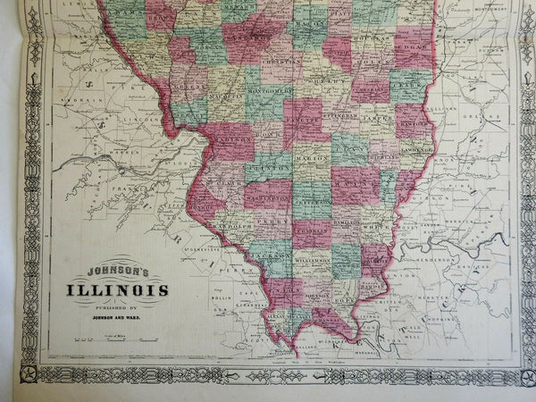 Illinois Counties Chicago Springfield 1864 Johnson & Ward map scarce I ...