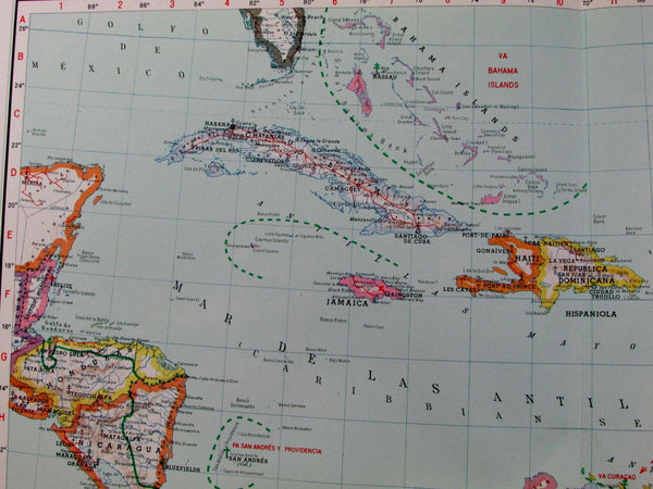 Caribbean South America Christian Missions large detailed 1950s old ma ...