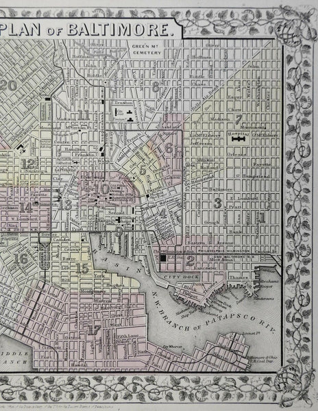 Baltimore Maryland detailed city plan Patapsco River 1866 Mitchell map ...
