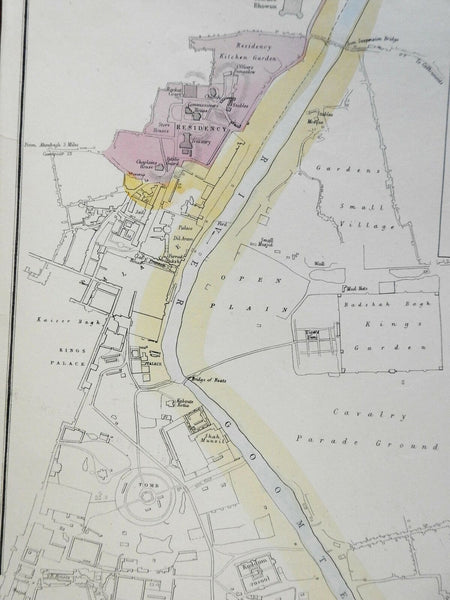 Lucknow India British Raj detailed plan 1856-72 Weller map w/ mud huts ...