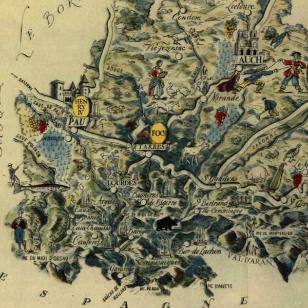 Gascony France small cartoon map c. 1950 decorative colorful old map ...