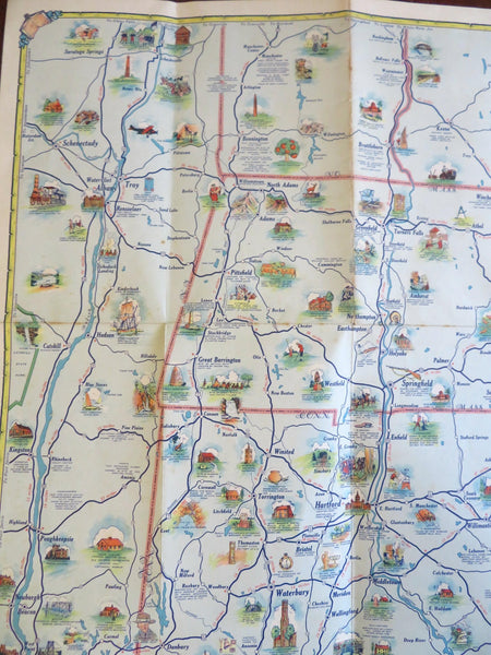 New England Cartoon Pictorial Road Map c.1930's Sun Oil tourist brochu ...