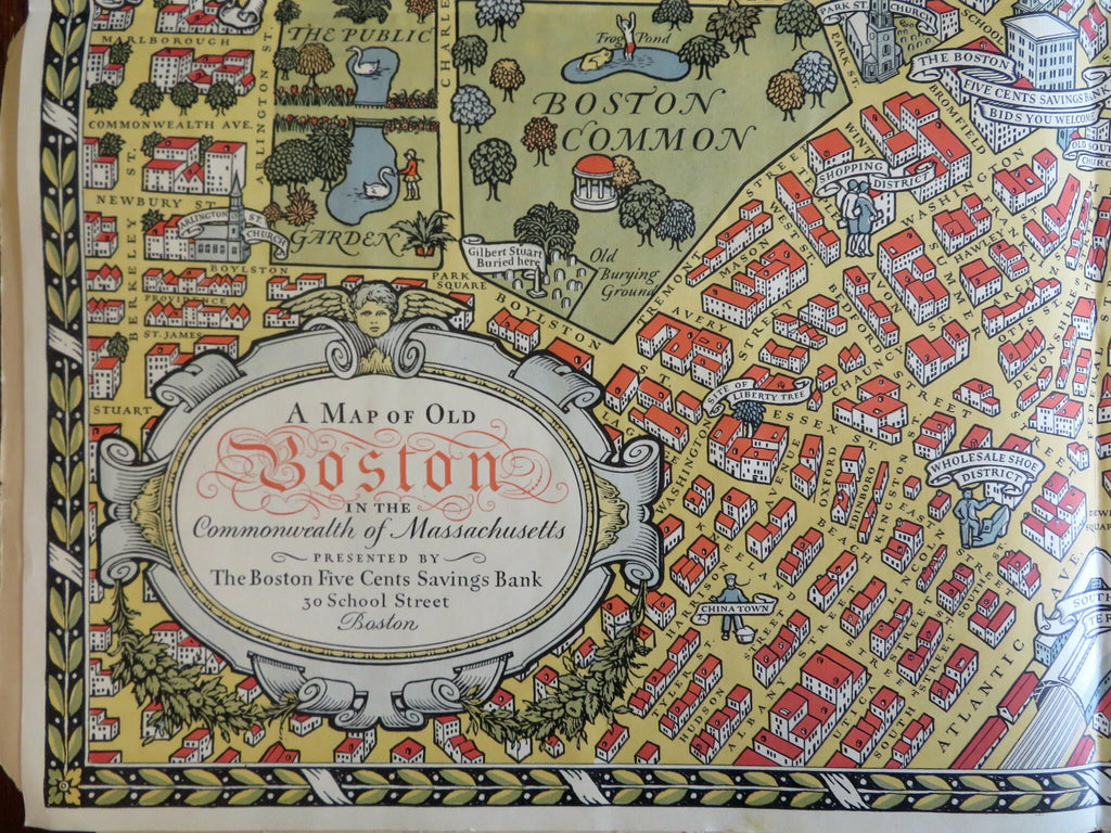 Old Boston Mass cartoon Map c. 1940's bank pictorial souvenir advertis ...