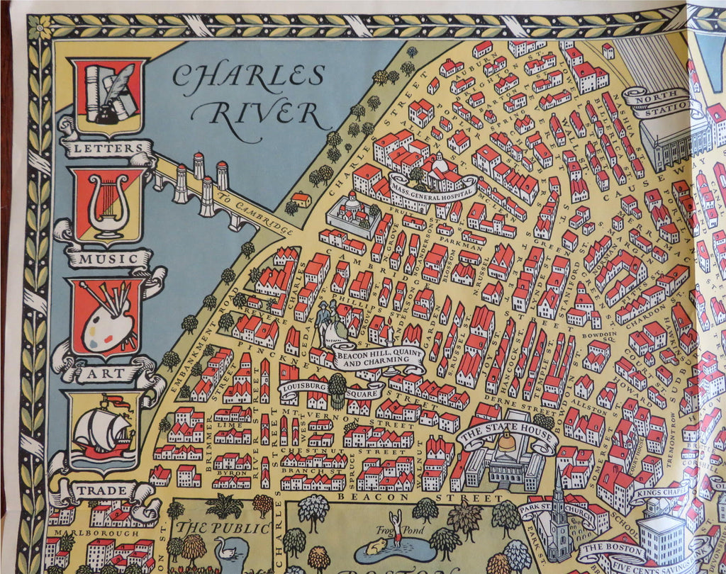 Old Boston Mass cartoon Map c. 1940's bank pictorial souvenir advertis ...