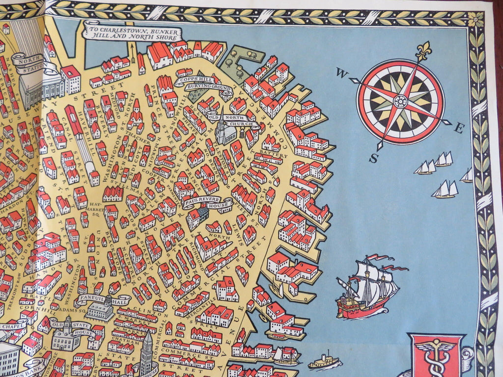 Old Boston Mass cartoon Map c. 1940's bank pictorial souvenir advertis ...