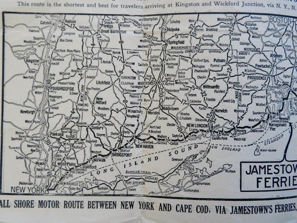 Cape Cod to NY Road Map c. 1920's Jamestown RI Ferries tourist promo b ...