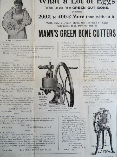 Mann's Green Bone Cutters Chicken Feed c. 1895-6 Flyer/ broadside adve ...