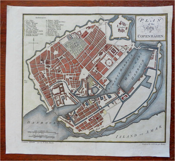 Copenhagen Denmark Detailed City Plan Fortifications 1790 Neele hand c ...