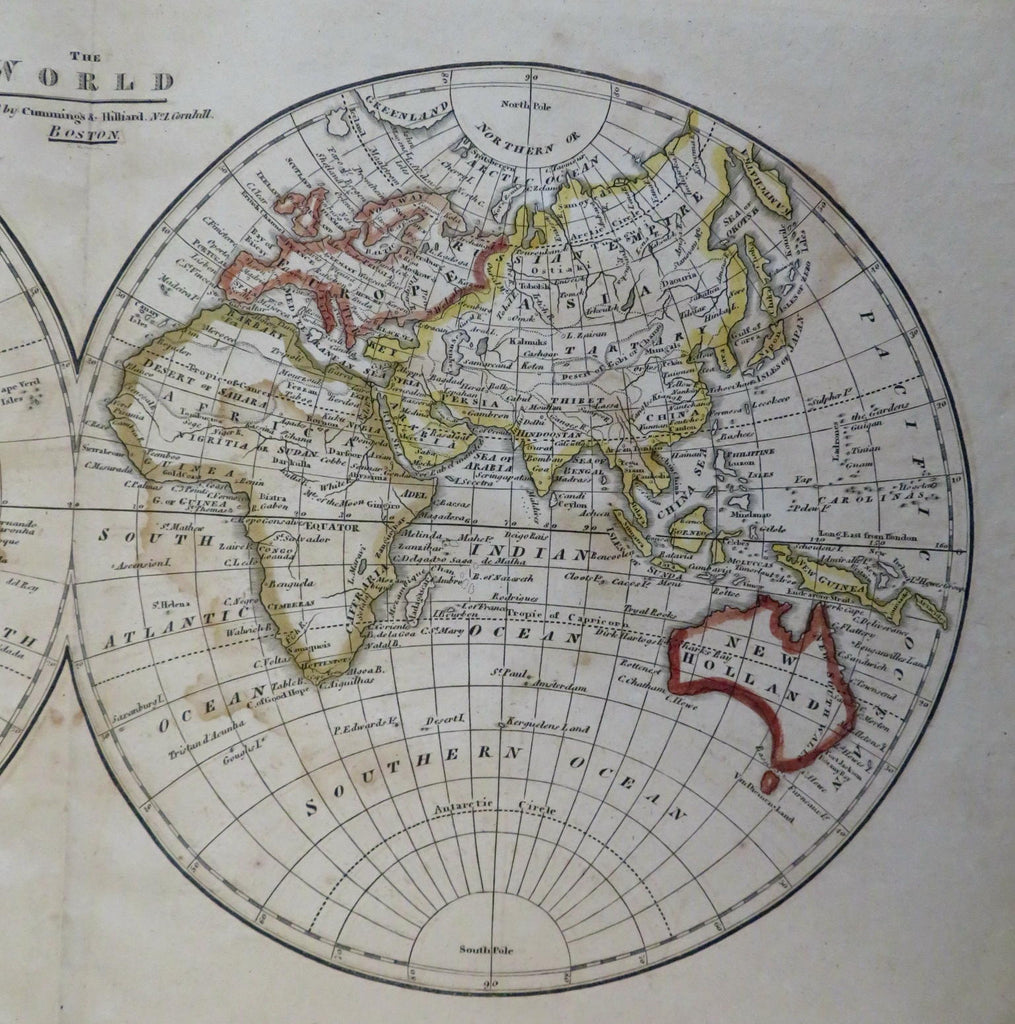 World Map in Double Hemispheres Australia Africa Europe Asia 1826 hand ...