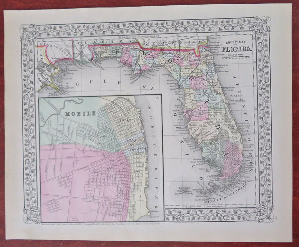 Florida state w/ Mobile Alabama 1870 Mitchell hand color map – Brian ...