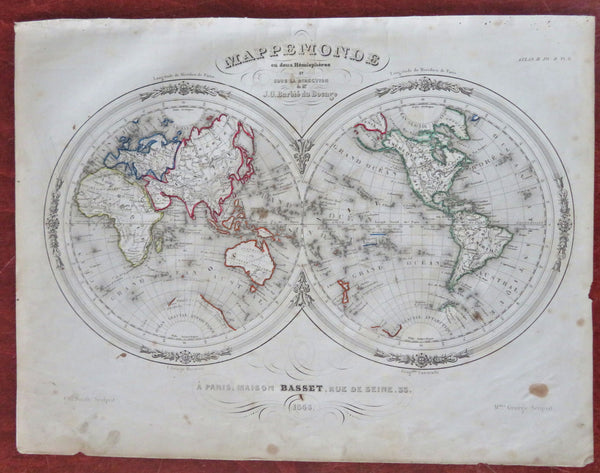 World Map Double Hemispheres decorative 1848 de Bocage & Smith map ...
