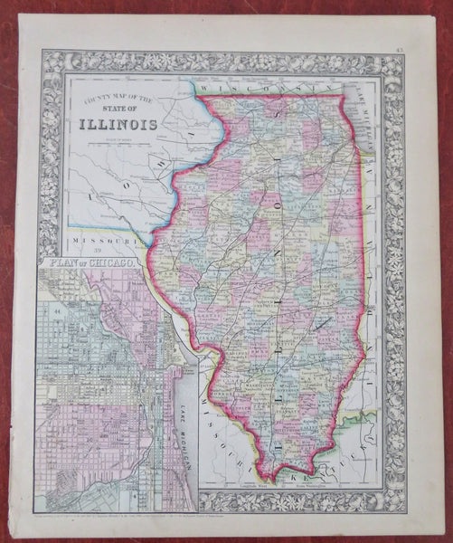 Illinois state w/ Chicago city plan inset c.1861 Mitchell hand colored ...