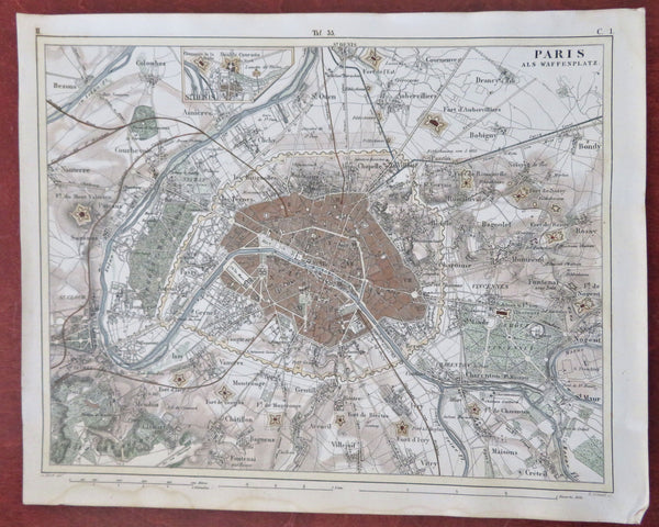 Paris France city plan c. 1850's Heck fine engraved & hand colored map ...